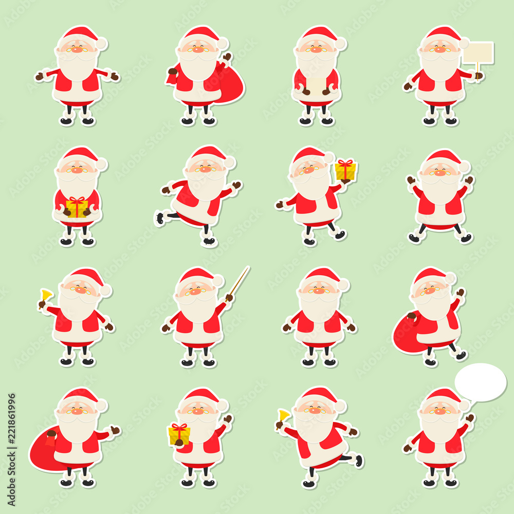 Cute vector Santa Claus paper sticker set in flat style, christmas ...