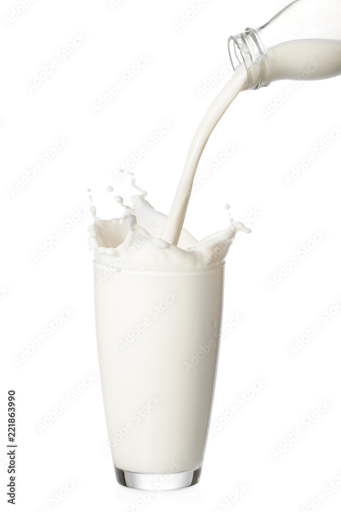 Pouring milk from bottle into glass with splashing isolated on white ...
