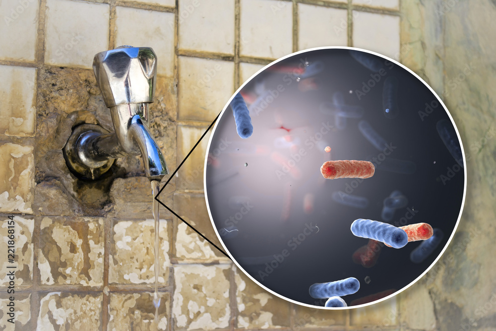 Safety of drinking water concept, 3D illustration showing bacteria ...