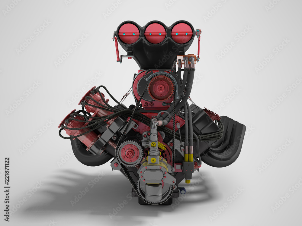 Red engine with supercharger front view 3d render on gray background ...