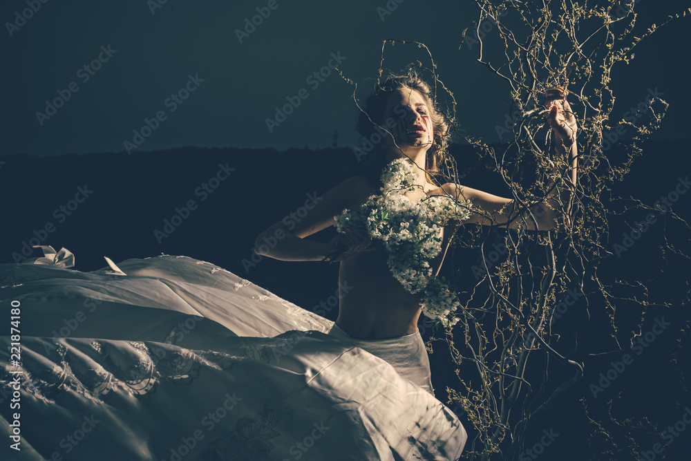 halloween witch. woman witch with blood tears at night. mystery ...