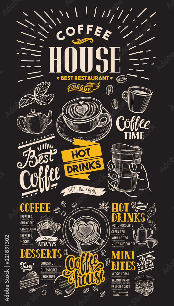 Coffee restaurant menu. Vector drink flyer for bar and cafe on ...