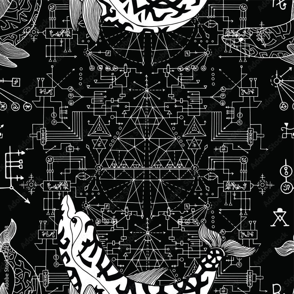 Seamless pattern with dolphin and sacred geometry concept. Esoteric ...