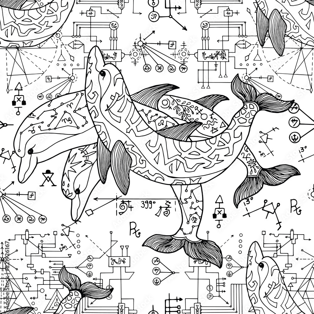 Seamless pattern with three dolphins and sacred geometry symbols on ...