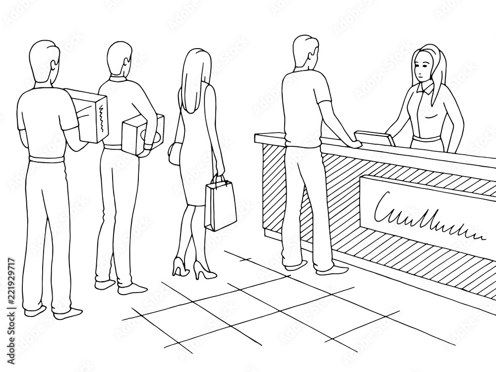 Shop graphic black white sketch illustration vector. People waiting in ... Shop graphic black white sketch illustration vector. People waiting in ...