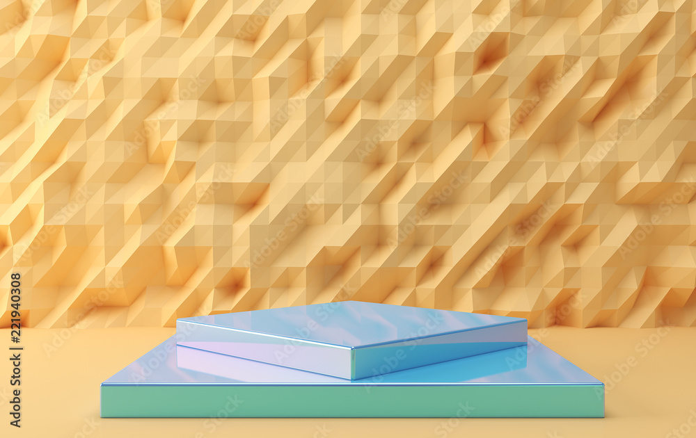 Scene with geometrical forms, square platform, minimal background ...