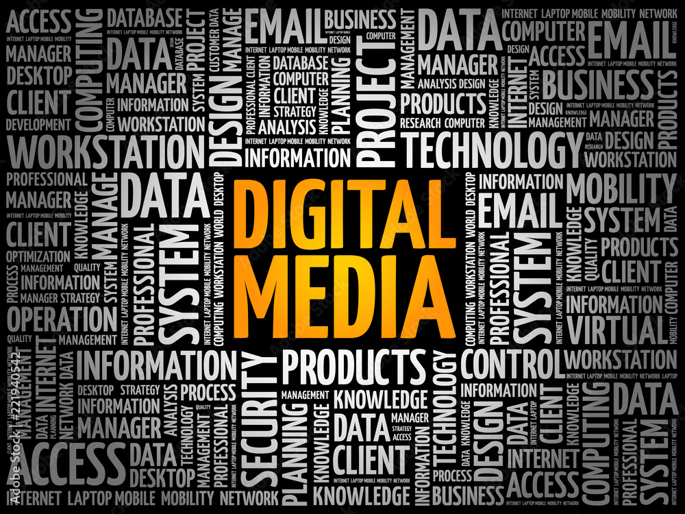 Digital Media word cloud collage, technology concept background Stock ...