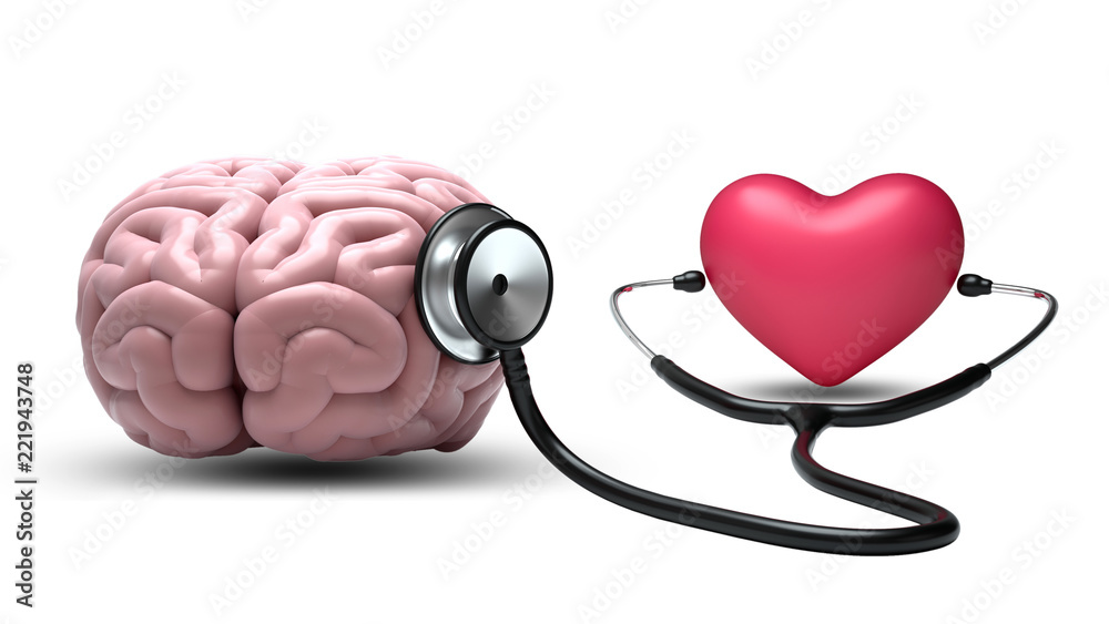 Heart listening brain with stethoscope on white background. Healthcare ...