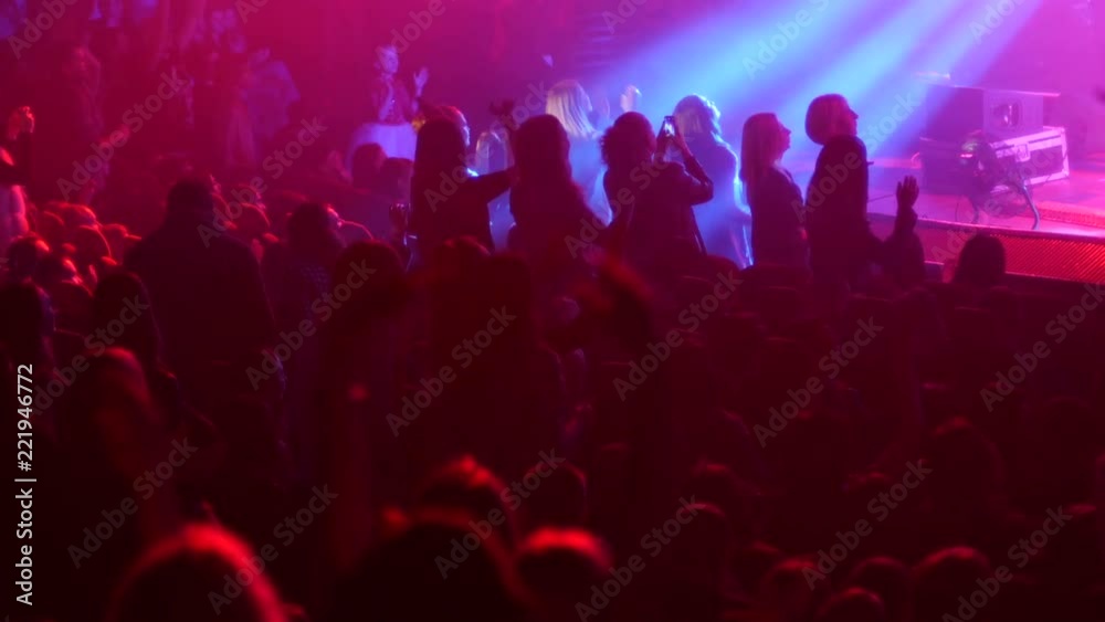Cheering crowd fan spectators dancing jumping clapping by stage in ...