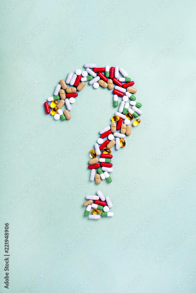Question mark from Colorful medicines. Pills, tablets capsules. Medical ...