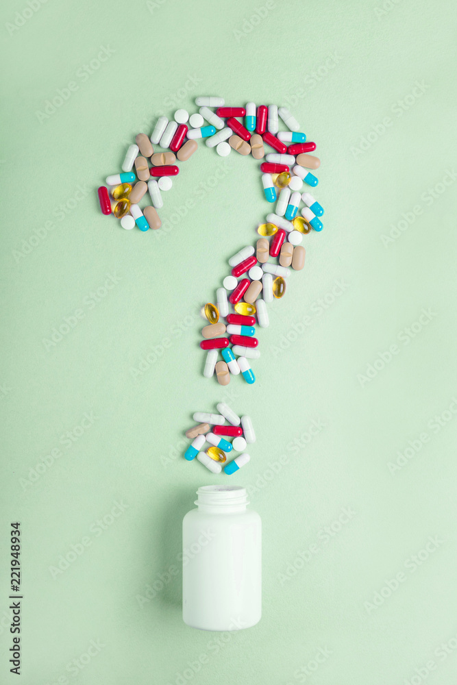 Question mark from Colorful medicines. Pills, tablets capsules. Medical ...