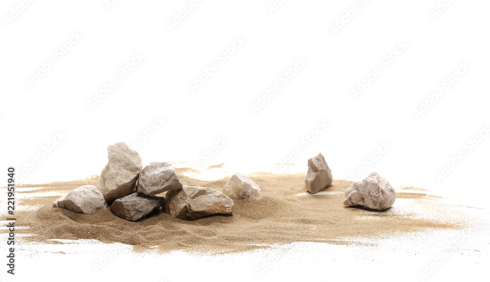 Rocks in sand pile isolated on white background and texture Stock Photo ...