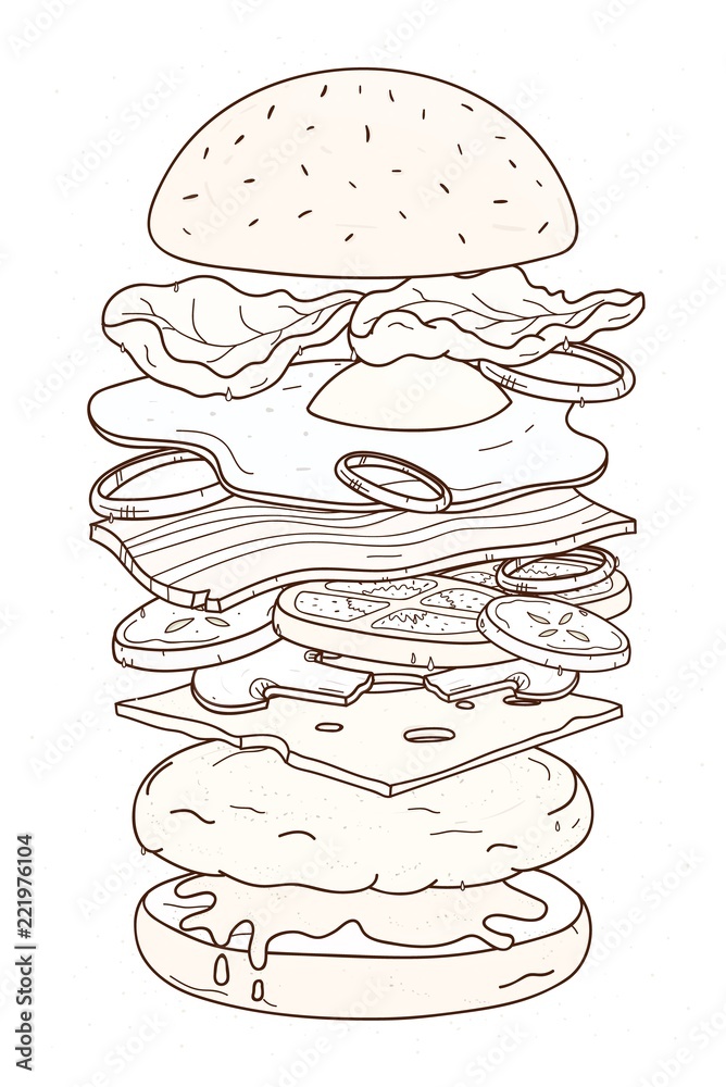 Delicious hamburger with layers or ingredients hand drawn with contour ...
