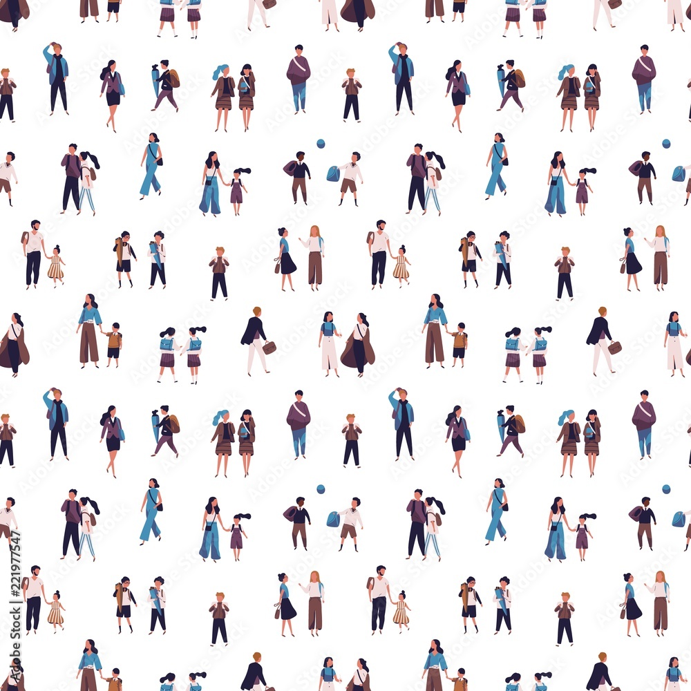 Seamless pattern with pupils, school children with parents and students ...