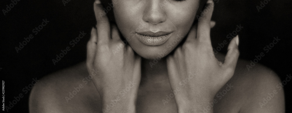panoramic cut image with closeup of body part of black race african ...