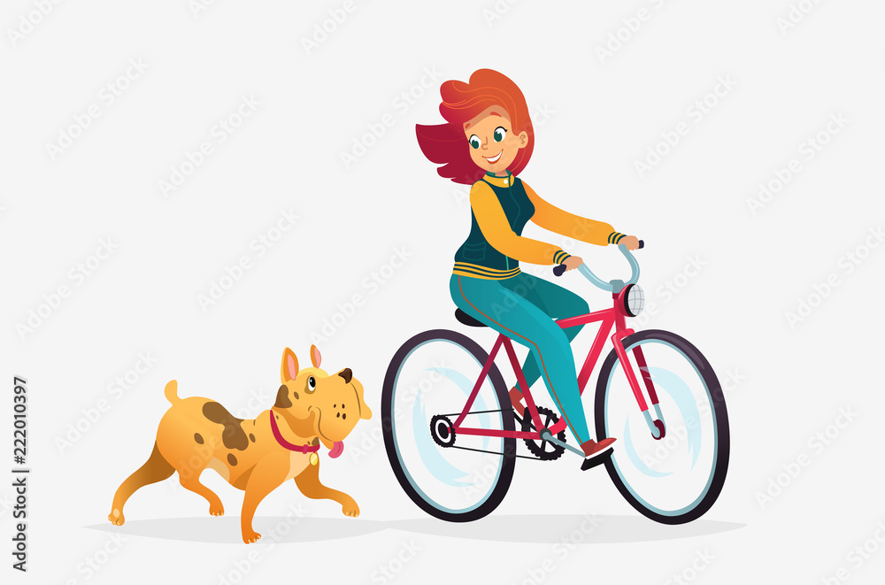 Vector cartoon illustration of young redhead woman riding a dog runs ...