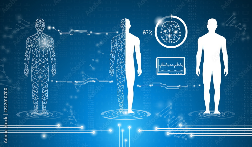 abstract background technology concept in blue light,brain and human ...