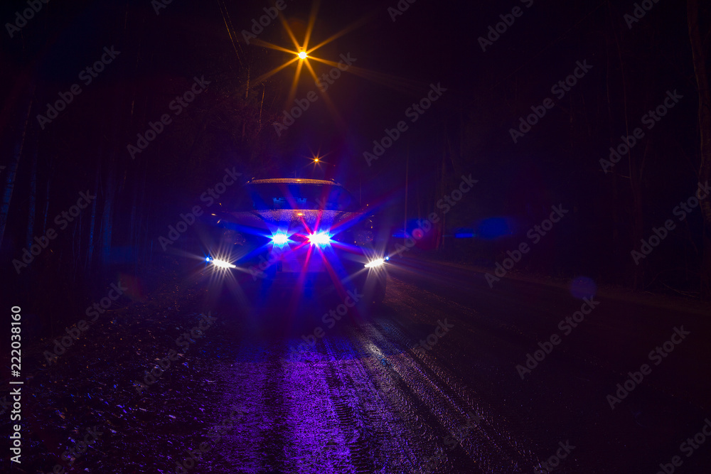 Police car on a dark and wet road flashing blue and red light. Rainy ...