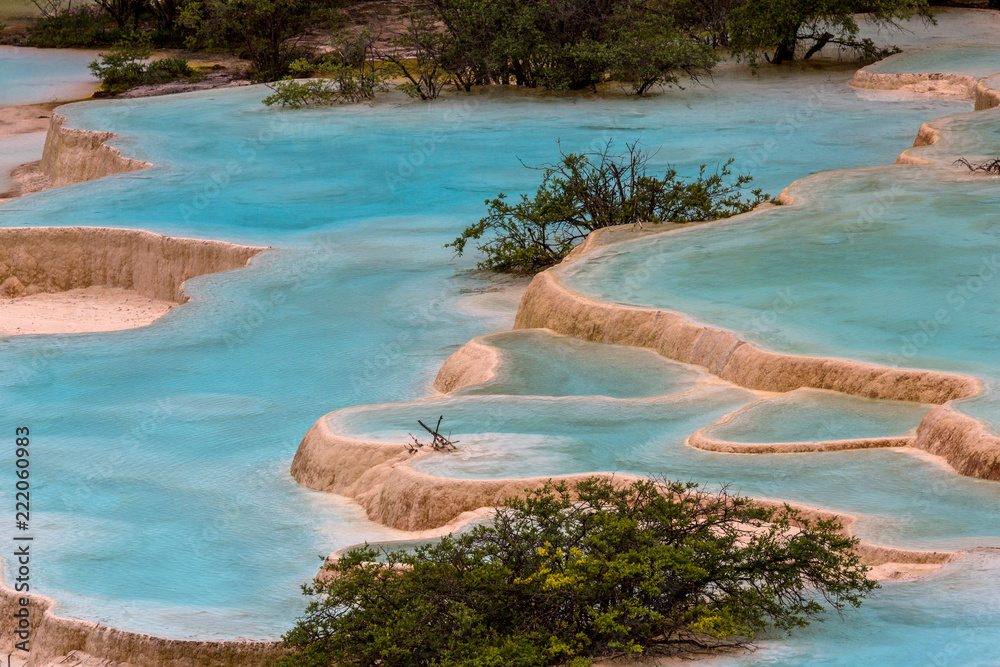 Colorful blue pools of water in Huanglong Scenic Area in Sichuan ...