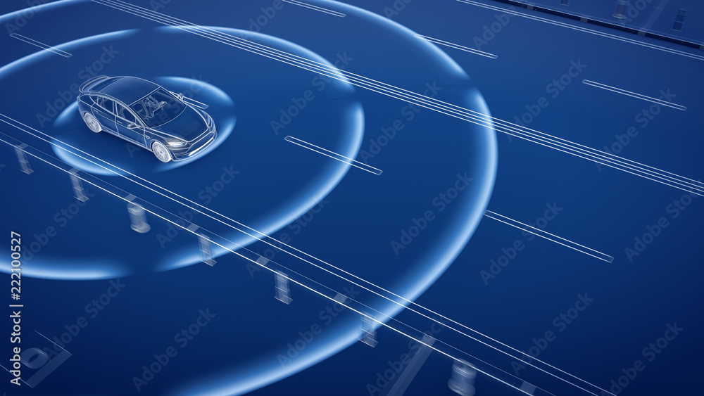 Autonomous self driving electric car change the lane and overtakes city ...