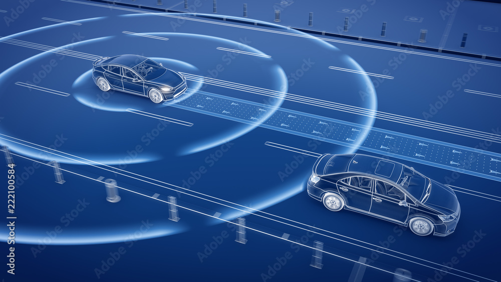 Autonomous self driving electric car change the lane and overtakes city ...