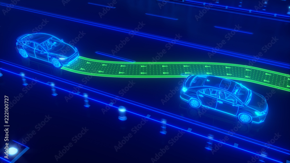 Autonomous self driving electric car change the lane and overtakes city ...