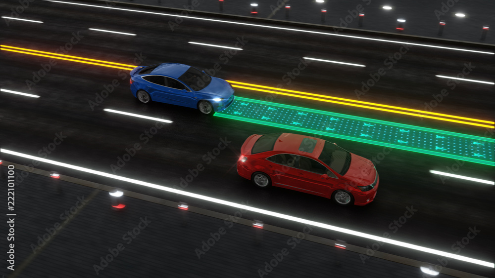 Autonomous self driving electric car change the lane and overtakes city ...