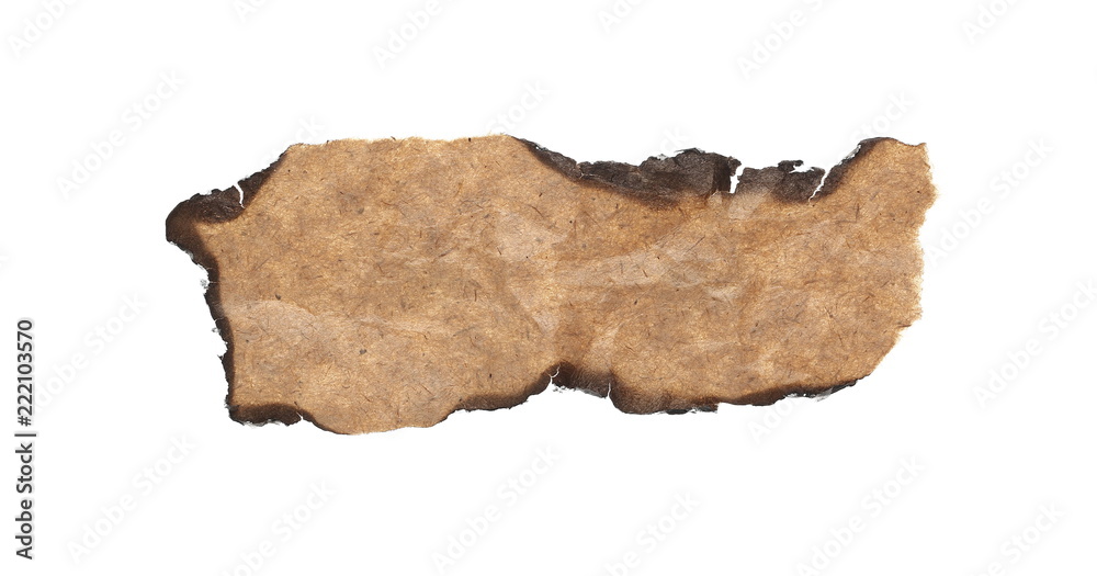 Burned and charred paper, cardboard scraps isolated on white background ...