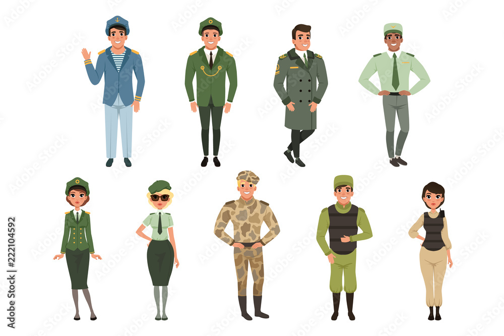 Military uniforms set, Military army officer, commander, soldier ...