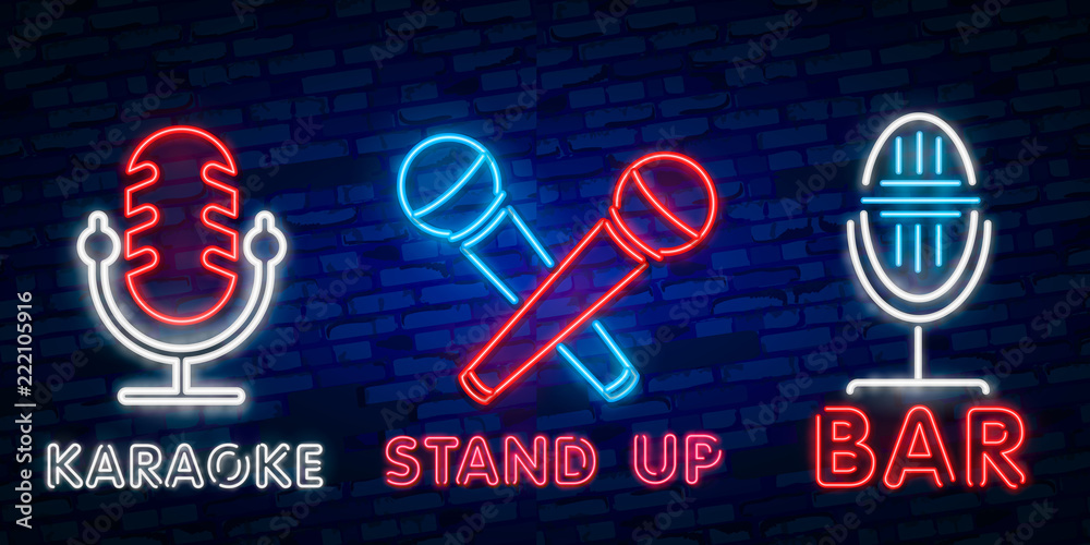 Karaoke set of neon signs. Collection is a light logo, a symbol, a ...