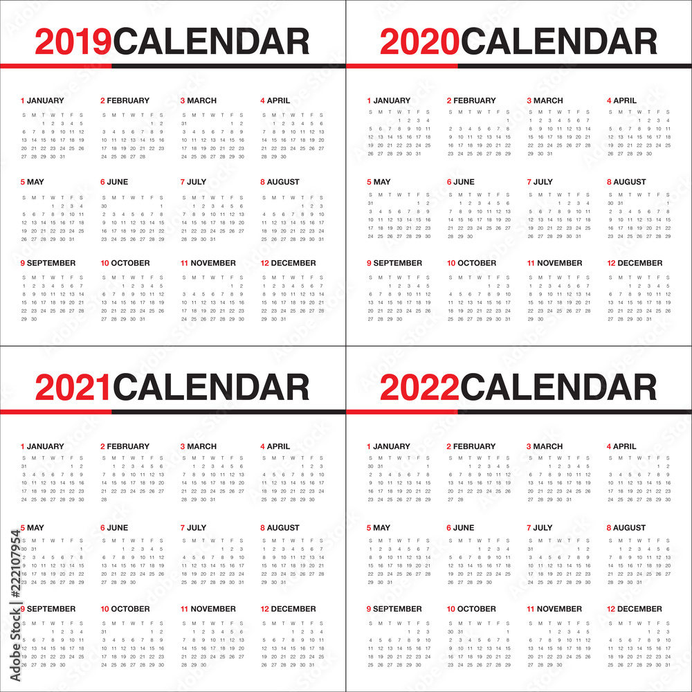 Year 2019 2020 2021 2022 calendar vector design template Stock Vector ...