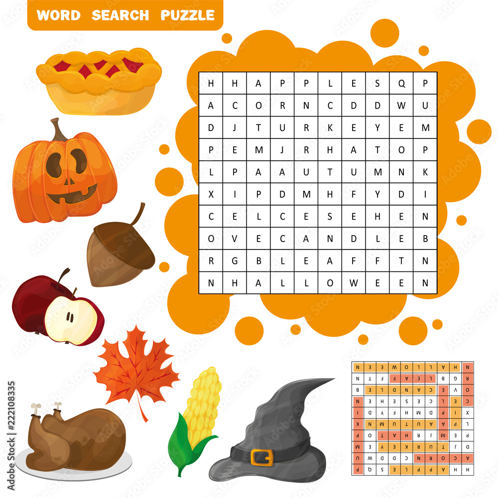 Learn English with an autumn word search game for kids. Vector ...
