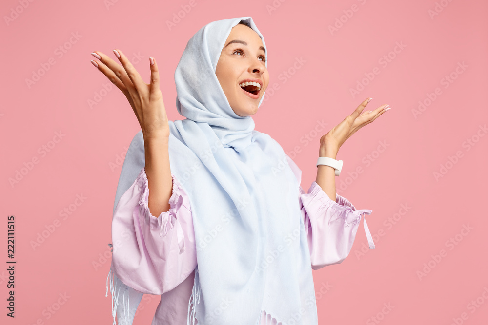 Happy surprised arab woman in hijab. Portrait of smiling girl, posing ...