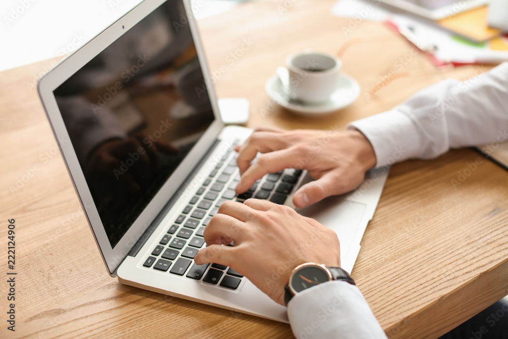Businessman working with laptop in office, closeup Stock Photo | Adobe ...