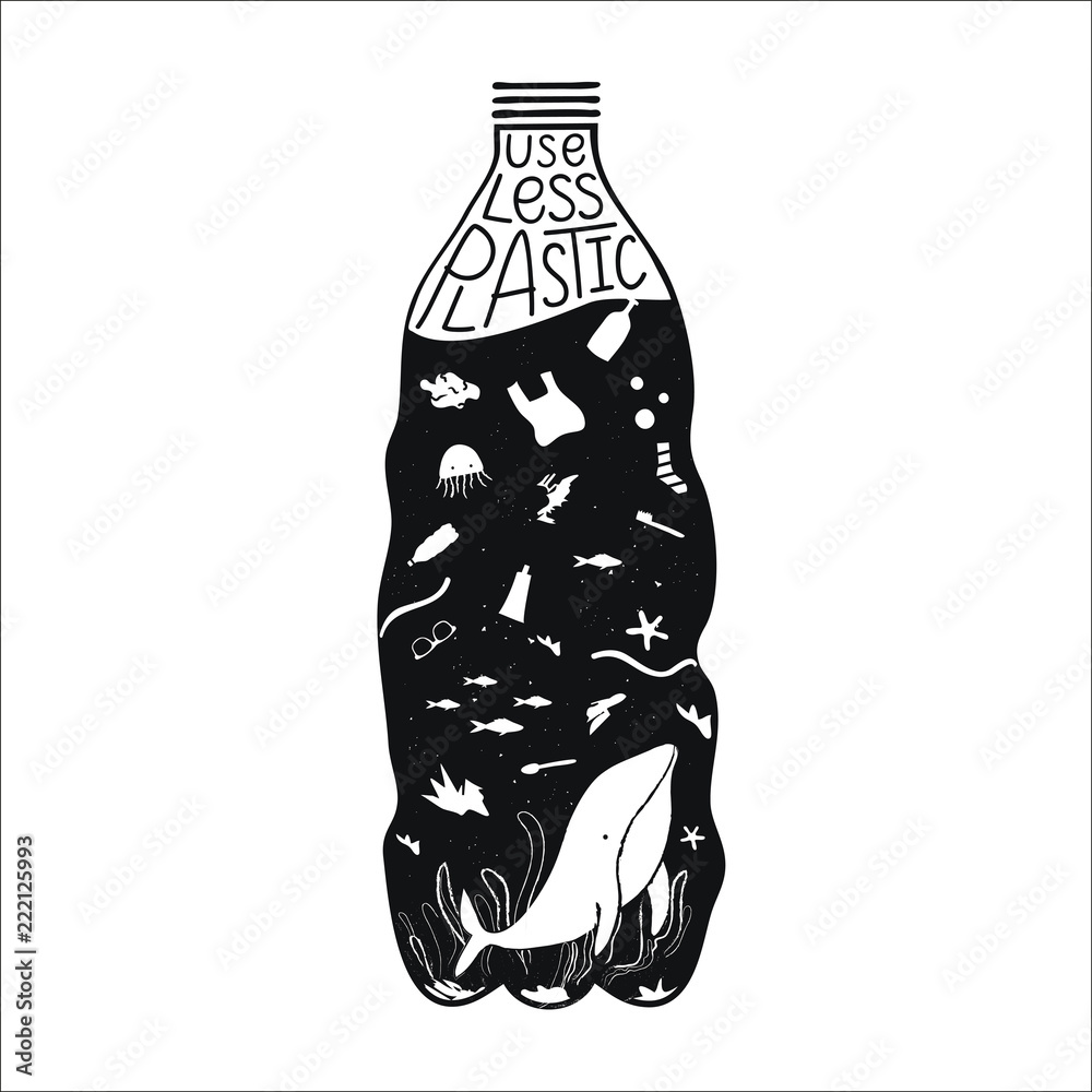 Vector illustration with plastic water bottle and whale, starfish ...