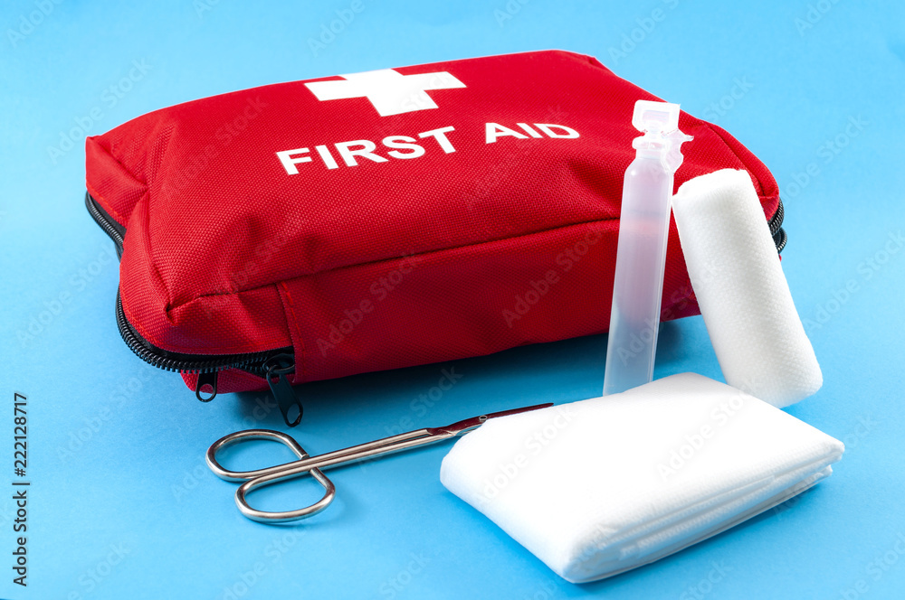 First aid treatment and medical emergency response concept a red with a ...