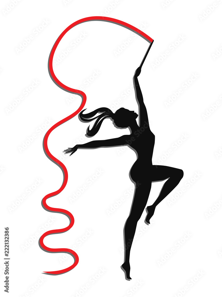 Gymnastics - silhouette of a girl dancing with a red ribbon - isolated ...