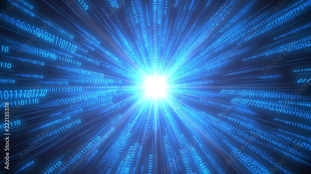 computer binary code chains moving to cpu. conceptual 3d illustration ...