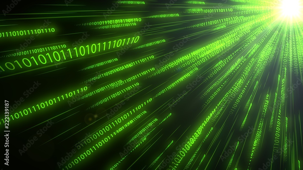 computer binary code chains moving to cpu. conceptual 3d illustration ...