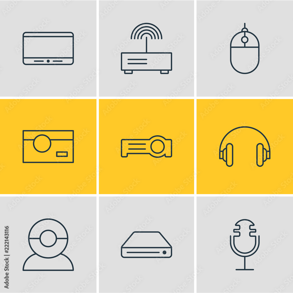 Vector illustration of 9 accessory icons line style. Editable set of ...