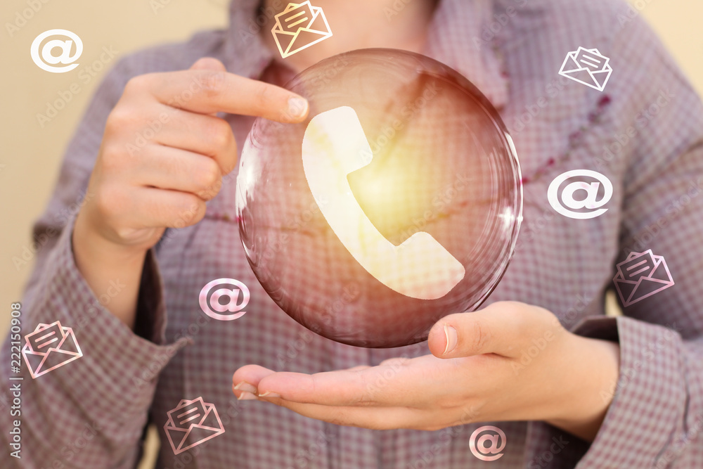 Business woman hand pointing her finger to call icon in transparent ...