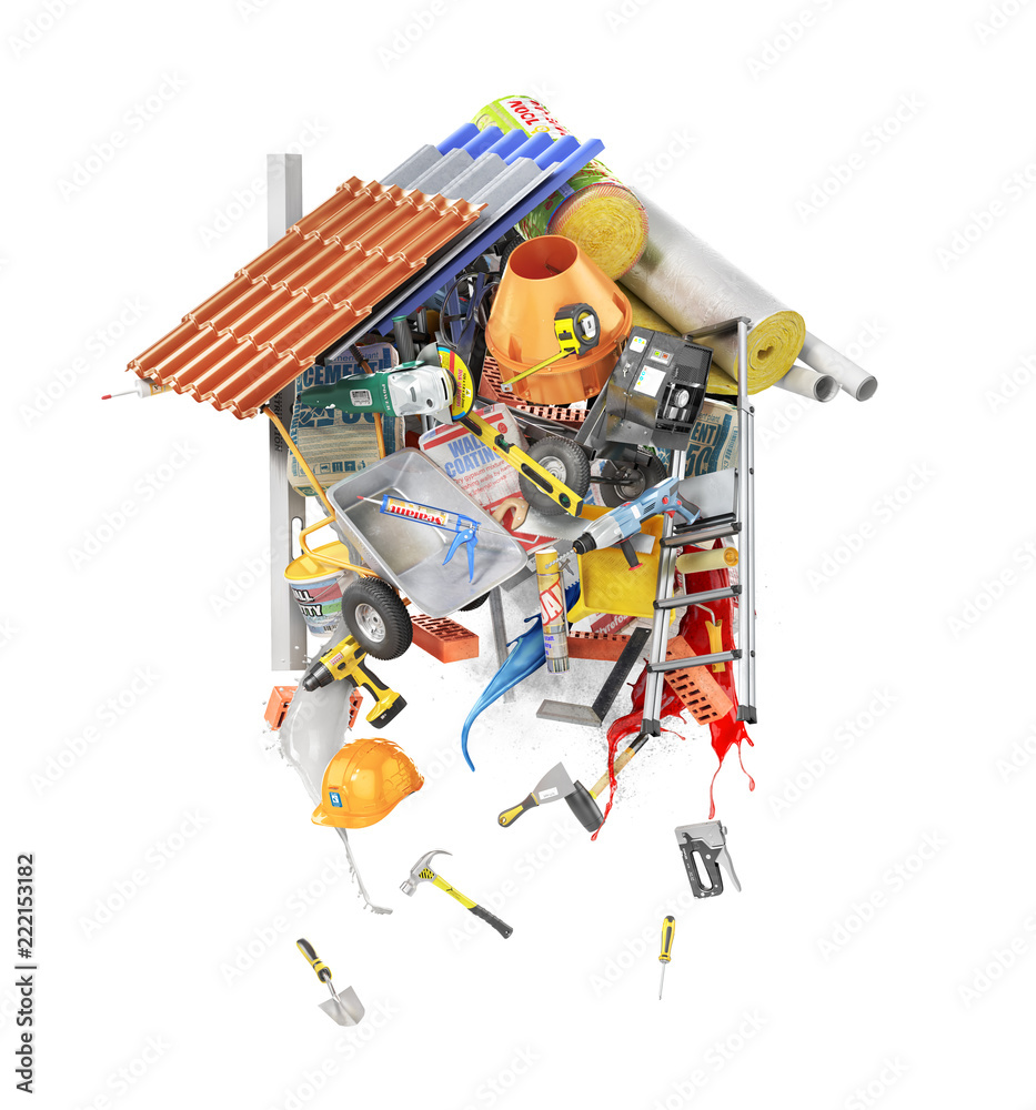 Construction concept. Building materials laid out form of house ...