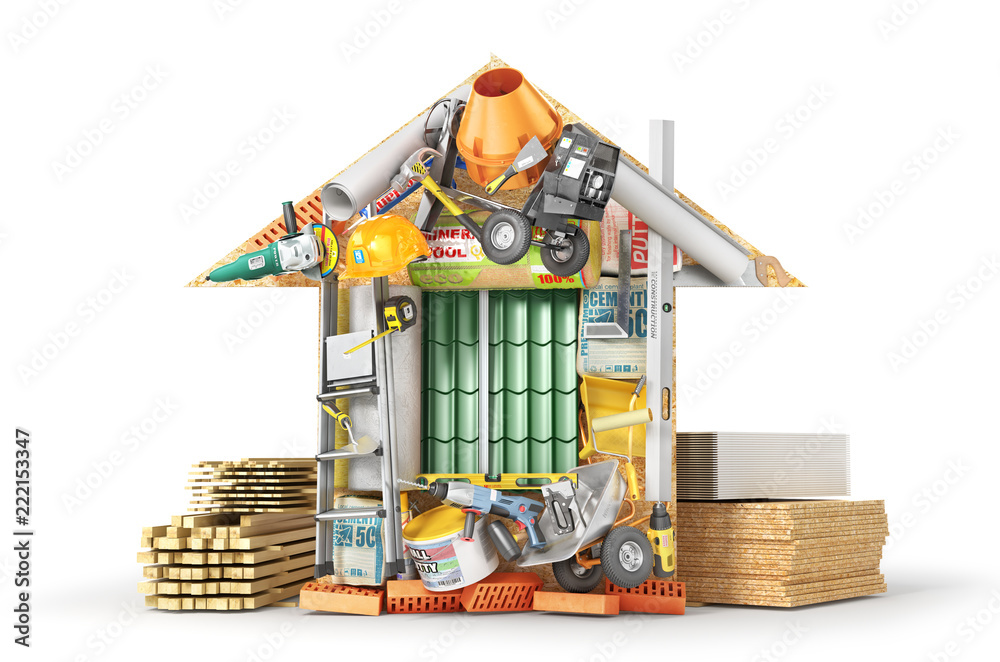 Construction concept. Building materials laid out form of house ...