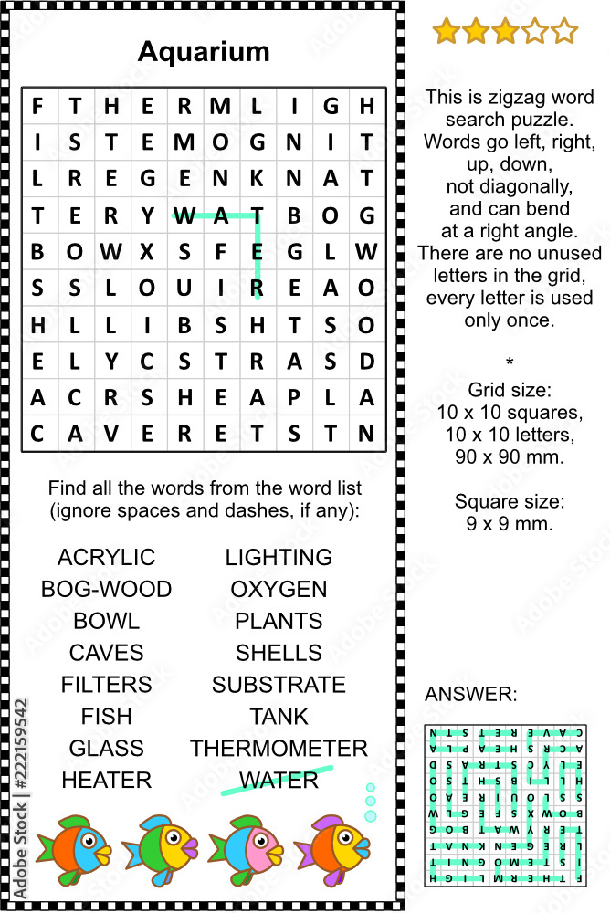 Aquarium themed zigzag word search puzzle (suitable both for kids and ...