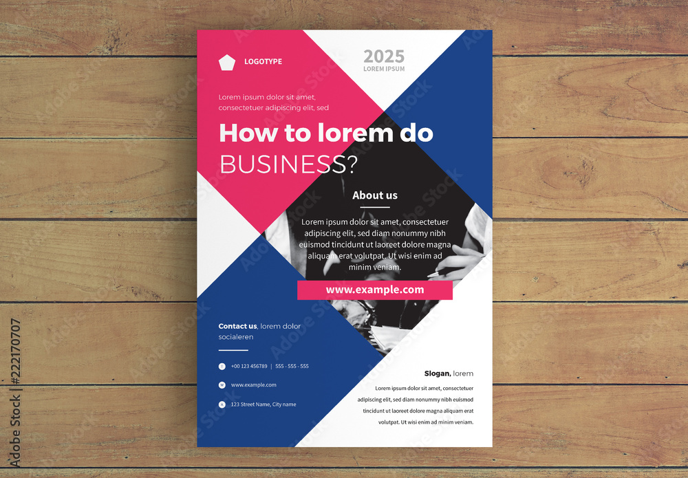 Business Flyer Layout with Blue and Pink Contrast Stock Template ...