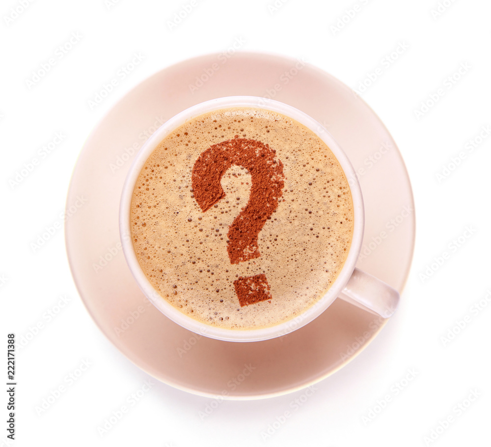 Cup of coffee with question mark on foam. I like coffee break. FAQ foto ...