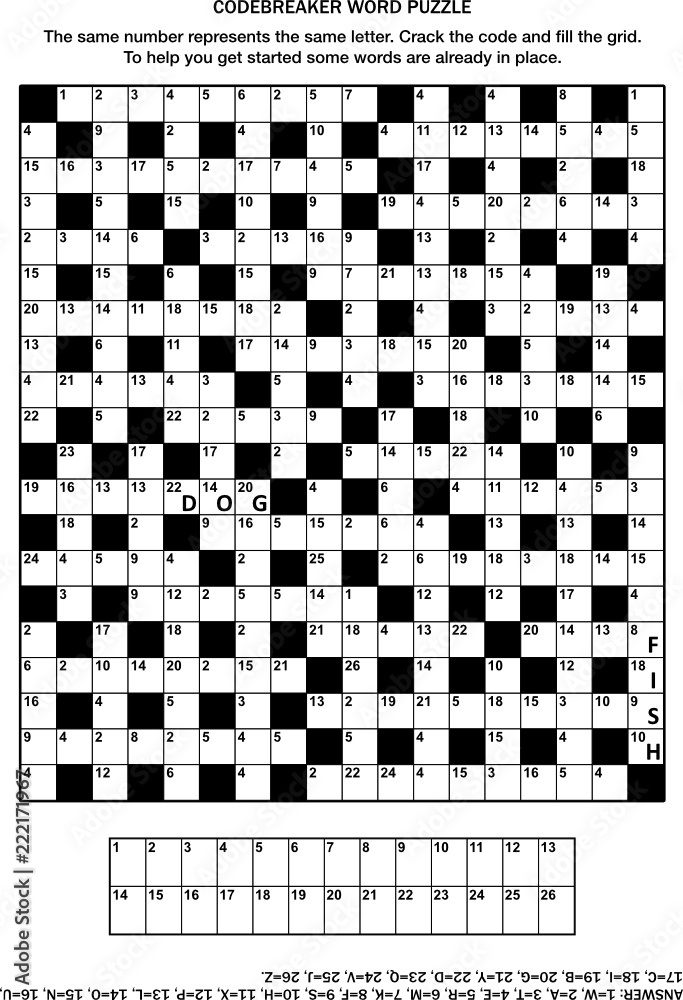 Puzzle page with codebreaker (codeword, code cracker) word game or ...