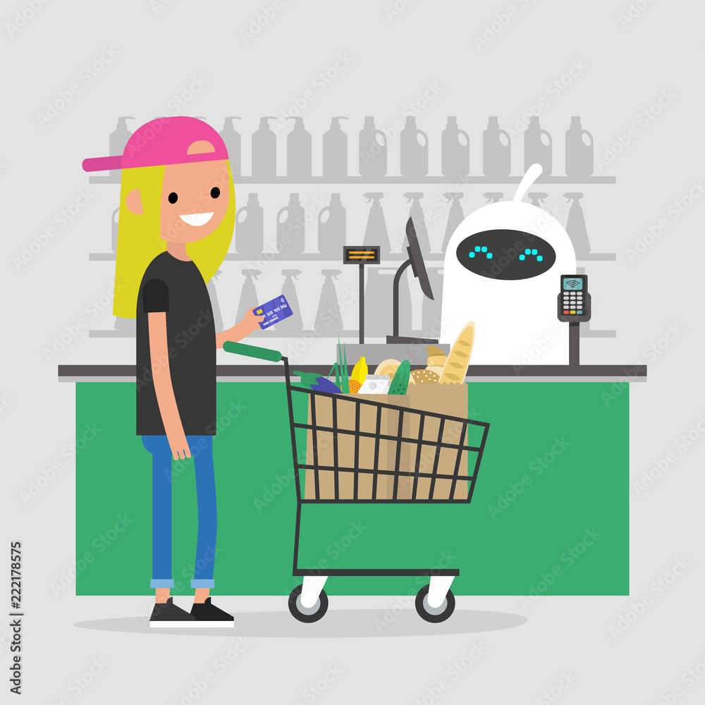Artificial intelligent. Automatic payment system. Robot at the cash ...