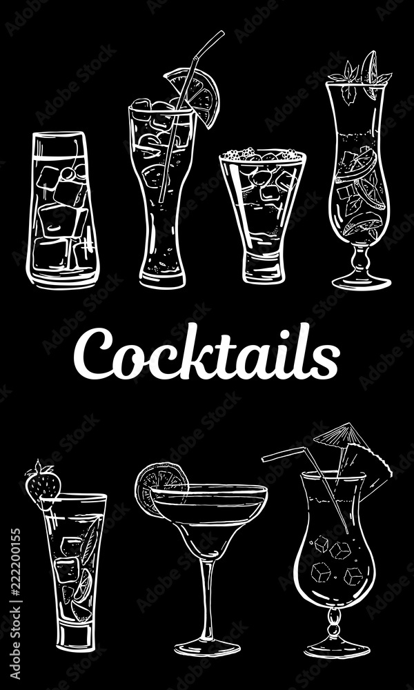 Outline hand drawn illustration with different cocktails on blackboard ...