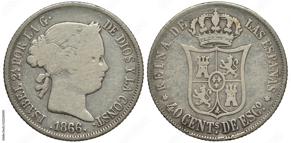 Spain Spanish silver coin 40 forty centimos 1866, ruler Queen Isabel ...